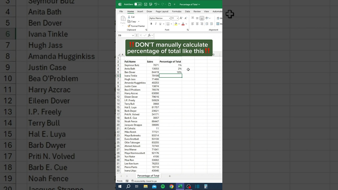 Percentage of Total in Excel‼️ #excel #exceltips #exceltutorial