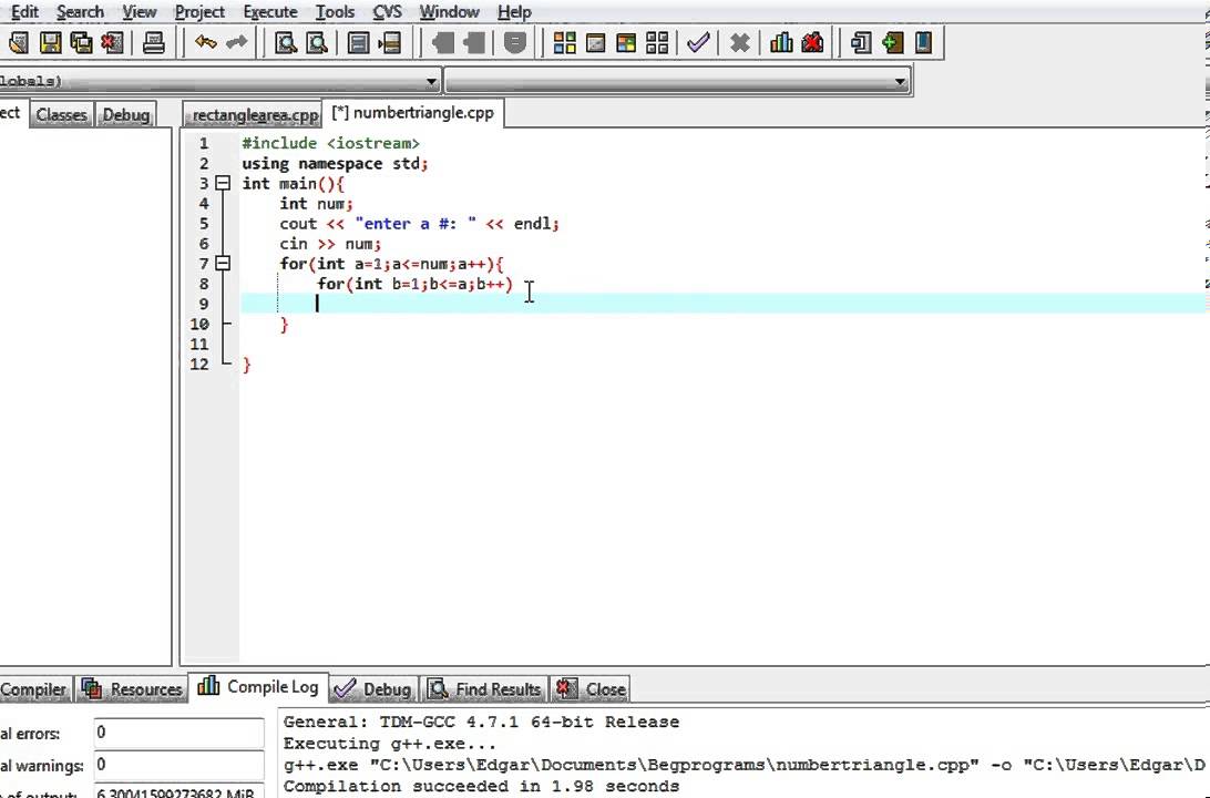 C++ Program: Prints a right triangle with a number pattern
