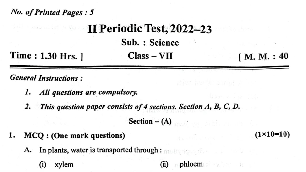 CLASS-7 SCIENCE / PT-2 Sample Question Paper of PERIODIC TEST-2 For KENDRIYA VIDYALAYA STUDENTS