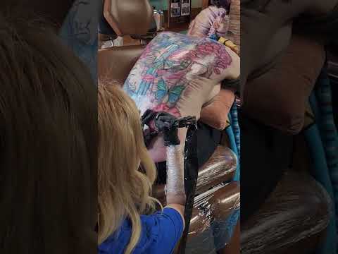 Lady Karina doing a back piece! @ The Chosen One Ink Tattoo Studio in Arlington, Tx