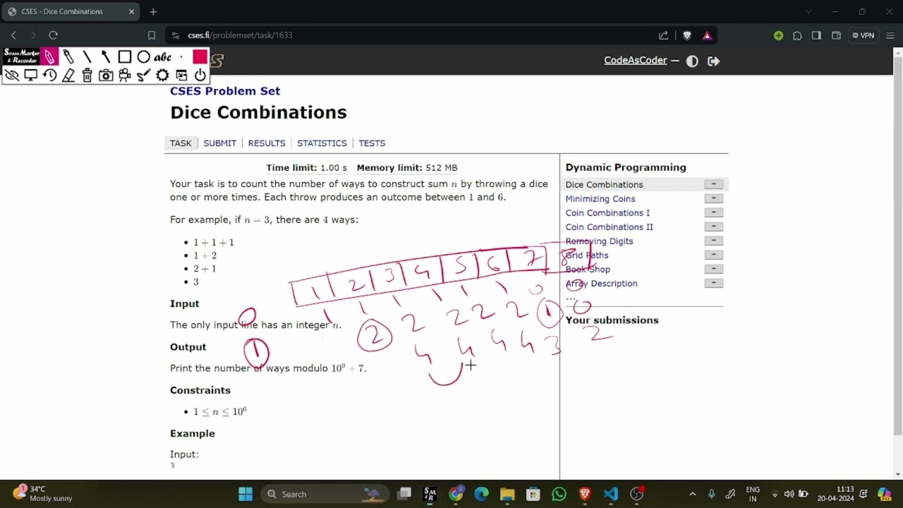 Dice Combinations | CSES Problem Set