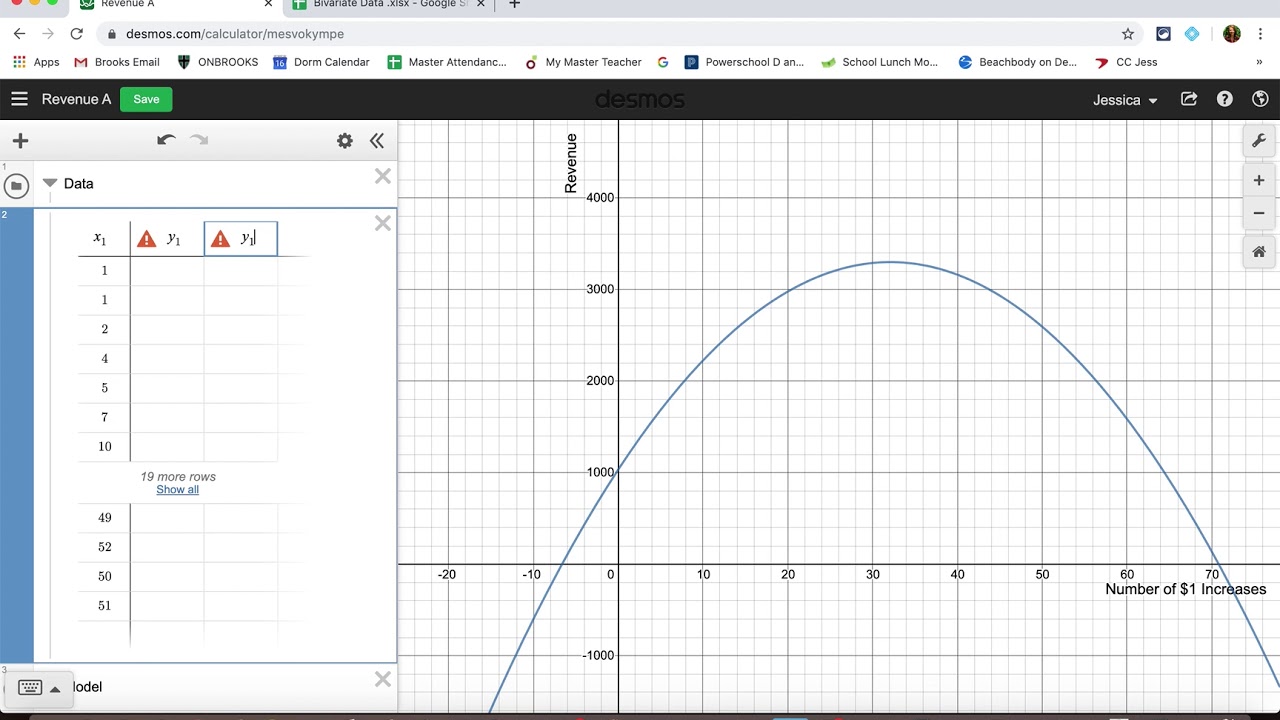 Using Desmos to make a Quadratic Model