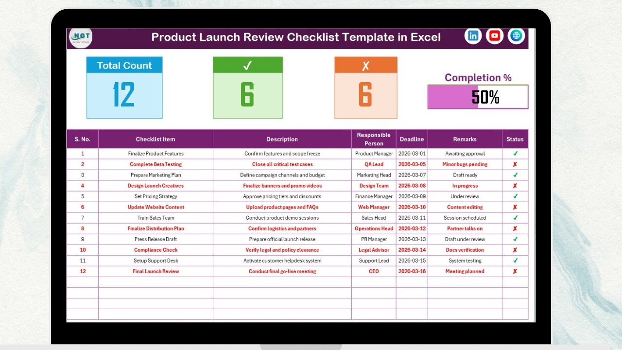 Product Launch Review Checklist in Excel