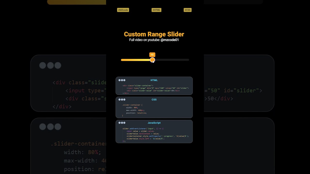 Custom Range Slider: Build Like a Pro with Pure HTML, CSS & JS! 🎛️| MZCode01 #css #coding #shorts