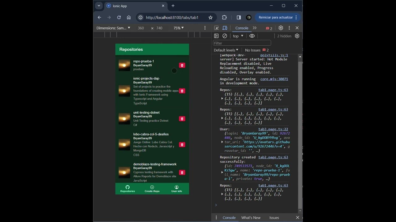 Ionic-Angular app to consume Github Api