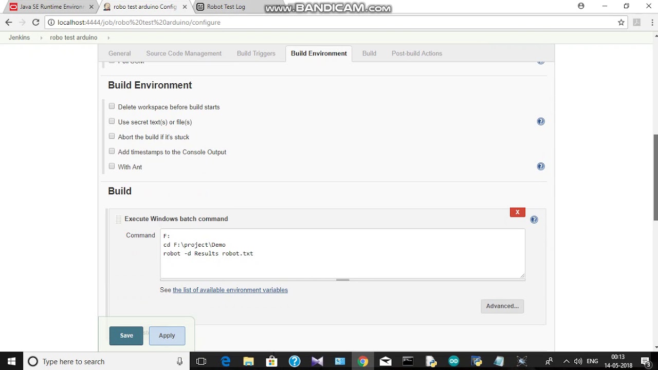 Python arduino interface using Jenkins and robot framework