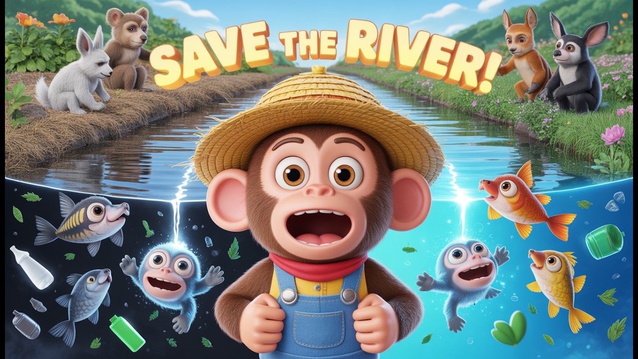 Monkey Farmer Saves River & Fish | Environmental Story for Kids | 3D Cartoon Animation Fun