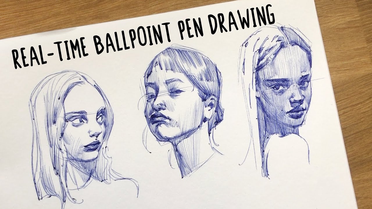 Real-time Drawing - Ballpoint Pen Portraits ✍️ (no voiceover) ASMR STUDY WITH ME!