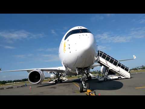 (4K UHD) BOARDING AIRBUS A350-900 on Zanzibar Intl. Airport. Ethiopian Airlines.