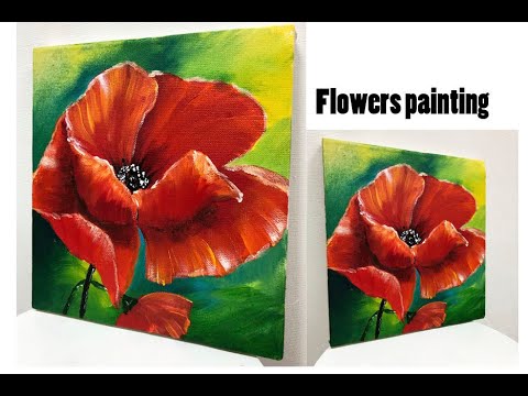 How to draw easy flowers painting /Poppy\Demonstration /Acrylic Technique on canvas by Julia Kotenko