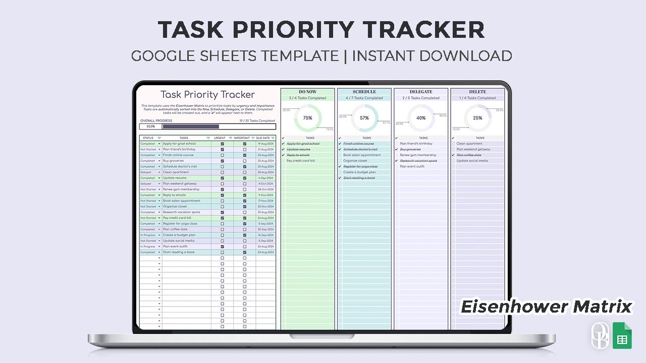 Task Priority Tracker - Eisenhower Matrix - Decision Matrix - Excel and Google Sheets Template