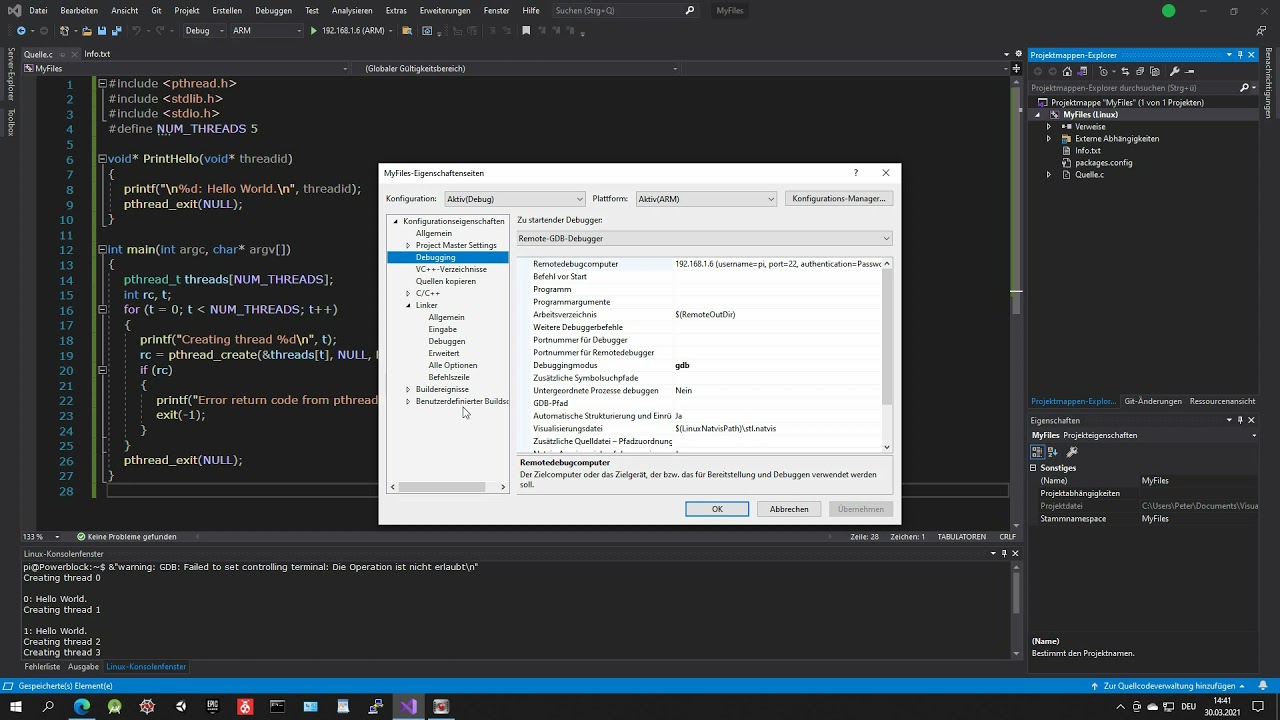 #using pthread.h with Visual Studio Linux Development
