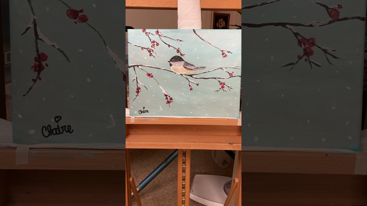 Painting a black capped chickadee in the winter #art #painting #drawing