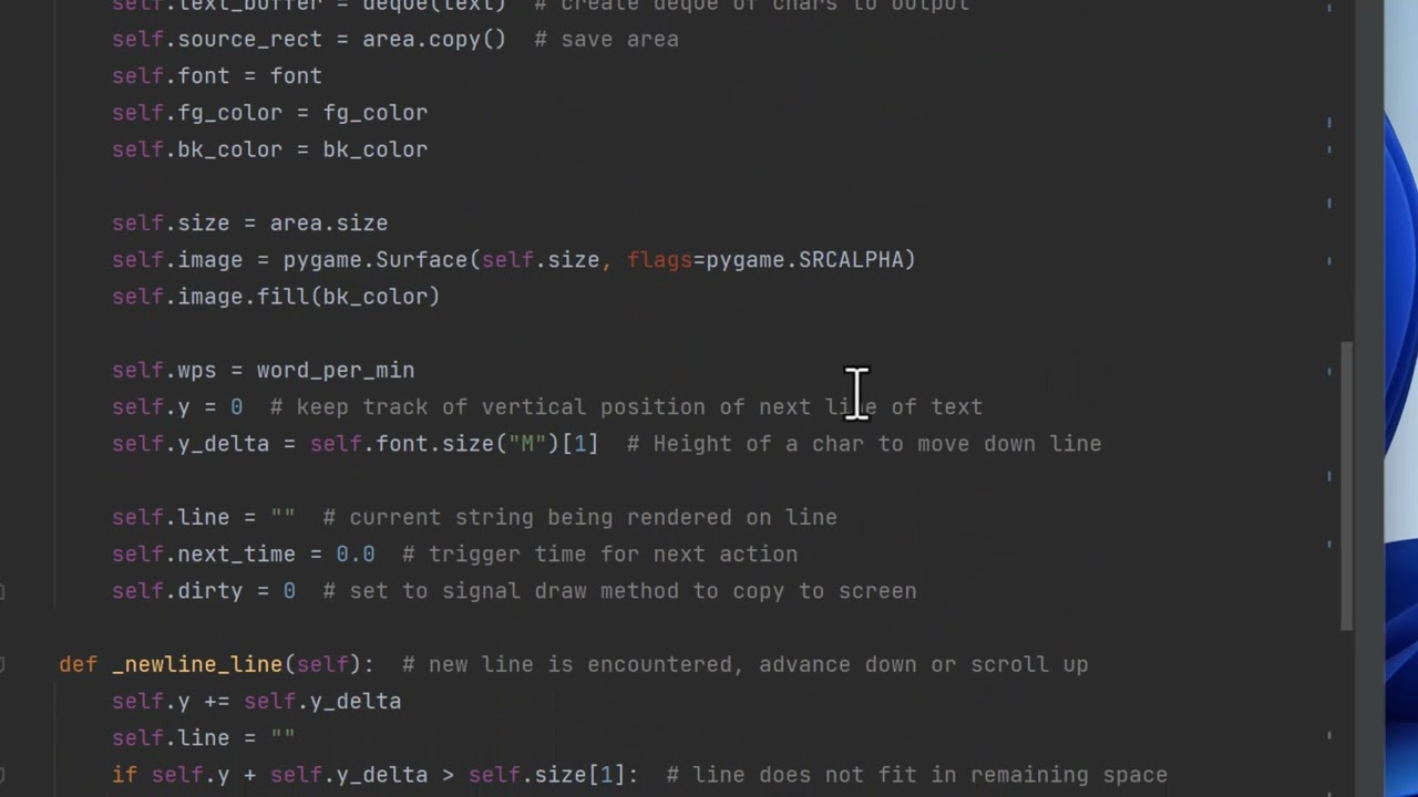 Code to simulate human typing area in PyGame with Python