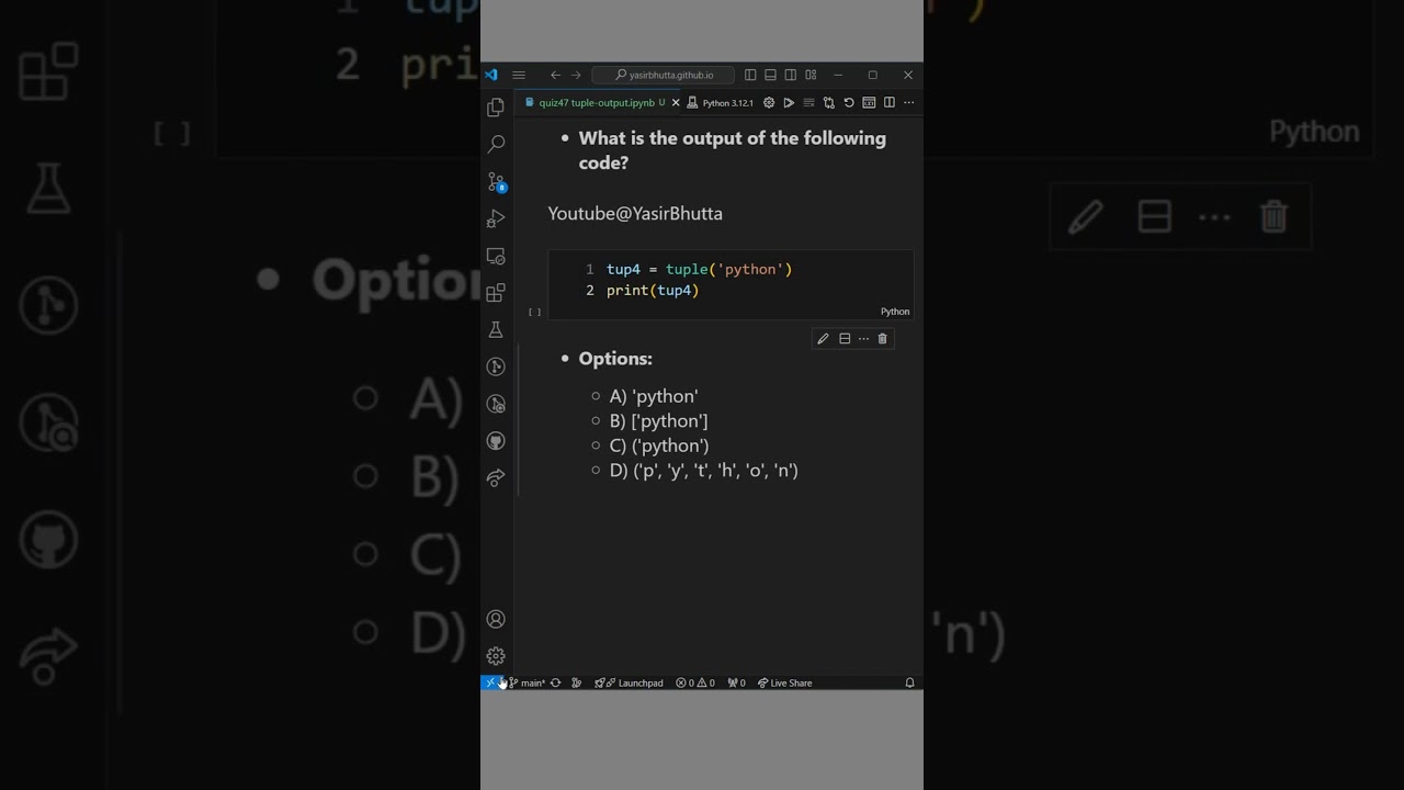 Python Quiz #47: Tuple Quiz for Beginners |  Python MCQs | Python For Beginners #programmingquiz