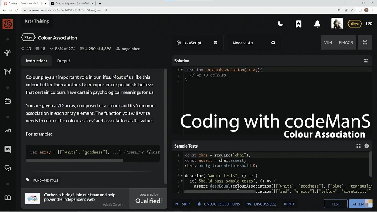 Codewars 7 kyu Colour Association JavaScript