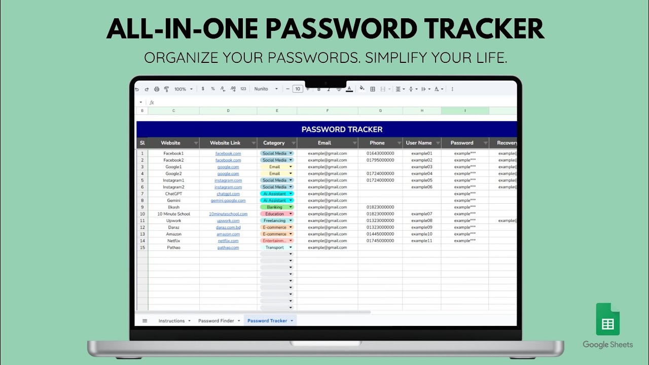 All In One Password Tracker Setup For Pc  | Google Sheets Templates