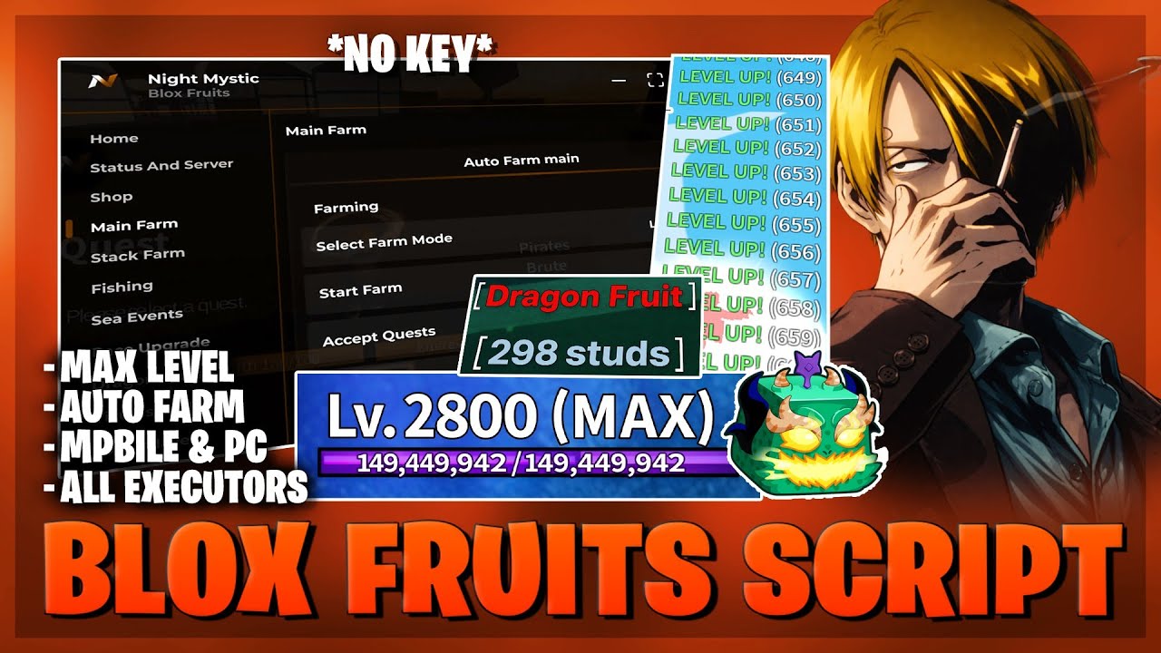 Skrip Blox Fruits — TANPA KUNCI, Penembak Jitu Buah, Level Maksimum, Pertanian Otomatis, PVP, Had...