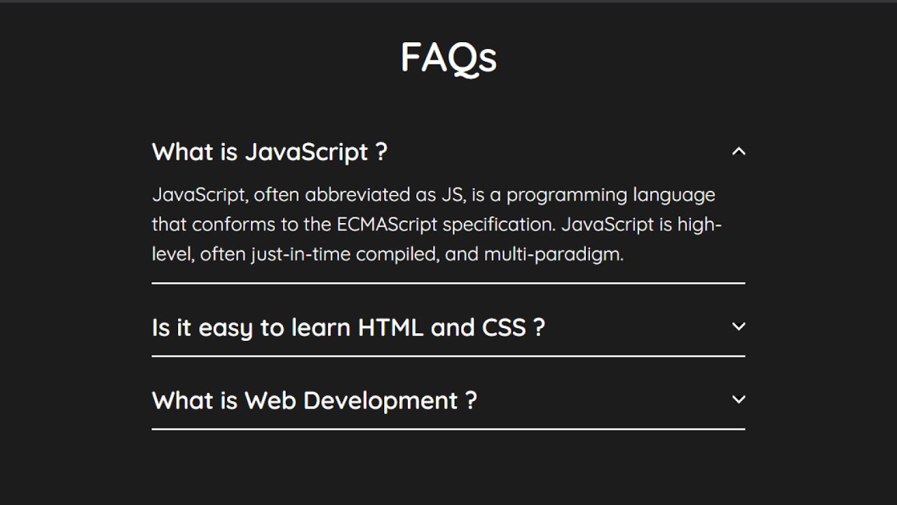 FAQ accordion using HTML, CSS, JavaScript