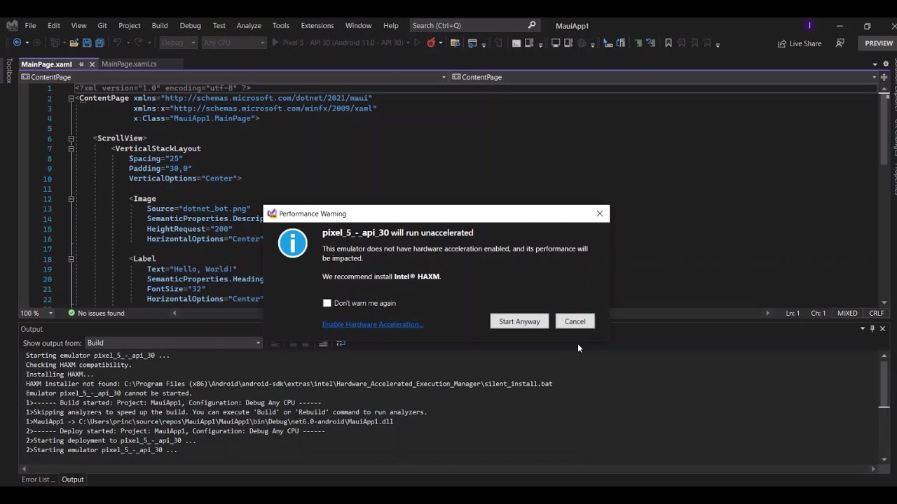 How to run first .NET Multi-platform App UI (.NET MAUI) project | will run unaccelerated