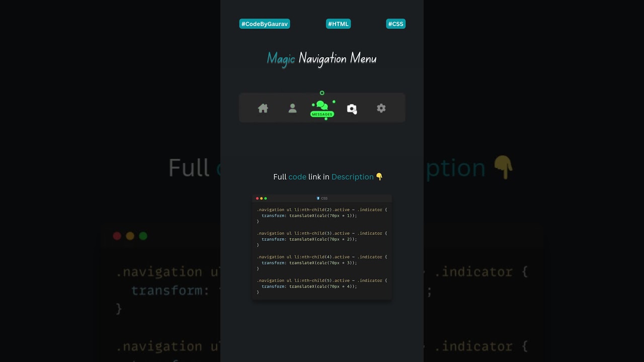 ✨ Magic Navigation Menu Using HTML, CSS & JavaScript! #webdevelopment #coding #animation #shorts