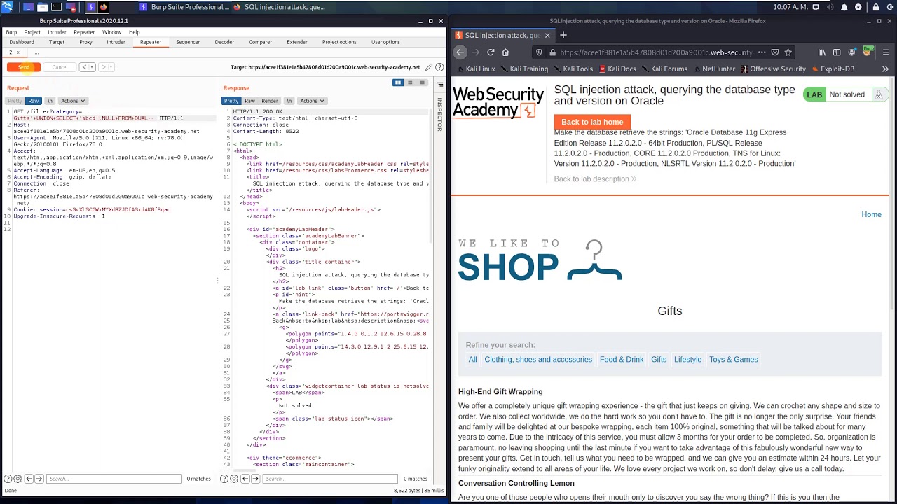 SQL injection attack, querying the database type and version on Oracle (Video solution, Audio)