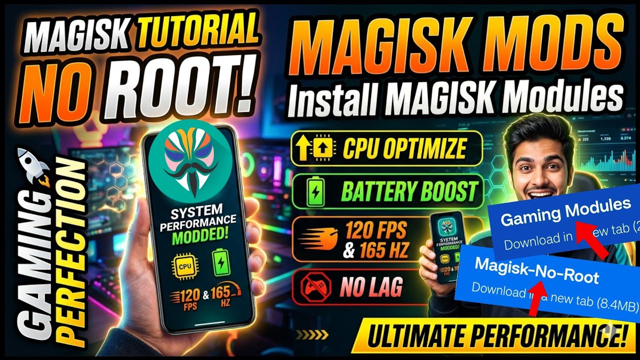 Magisk No Root Tutorial 2026 🔥 Install Best Magisk Modules for 120FPS + 165 HZ + Battery Optimize