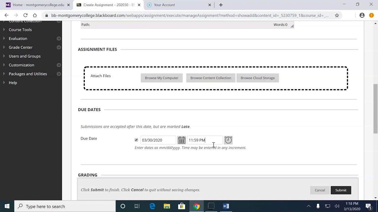 Blackboard for Instructors:  Creating an Assignment