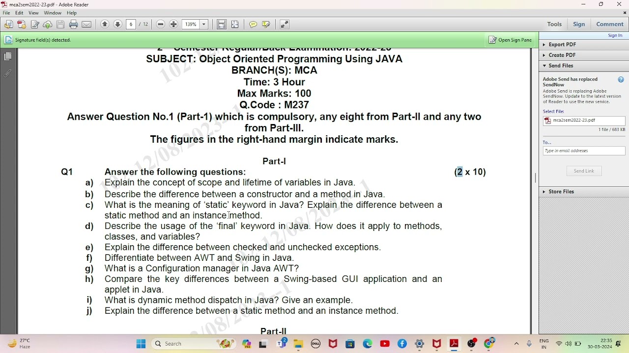 Object Oriented Programming Using JAVA #bput  #mca Previous Year Question Paper 2022-2023