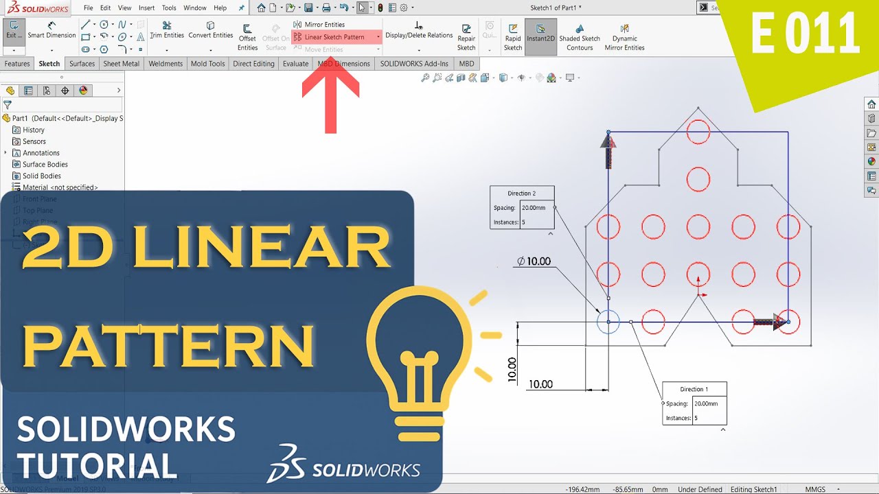 SolidWorks Sketch Tutorial (E011) │ Linear Sketch Pattern Command Explained – For Beginners
