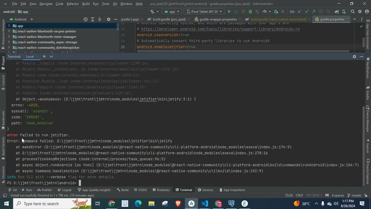 Error Failed to run jetifier react native android studio solved