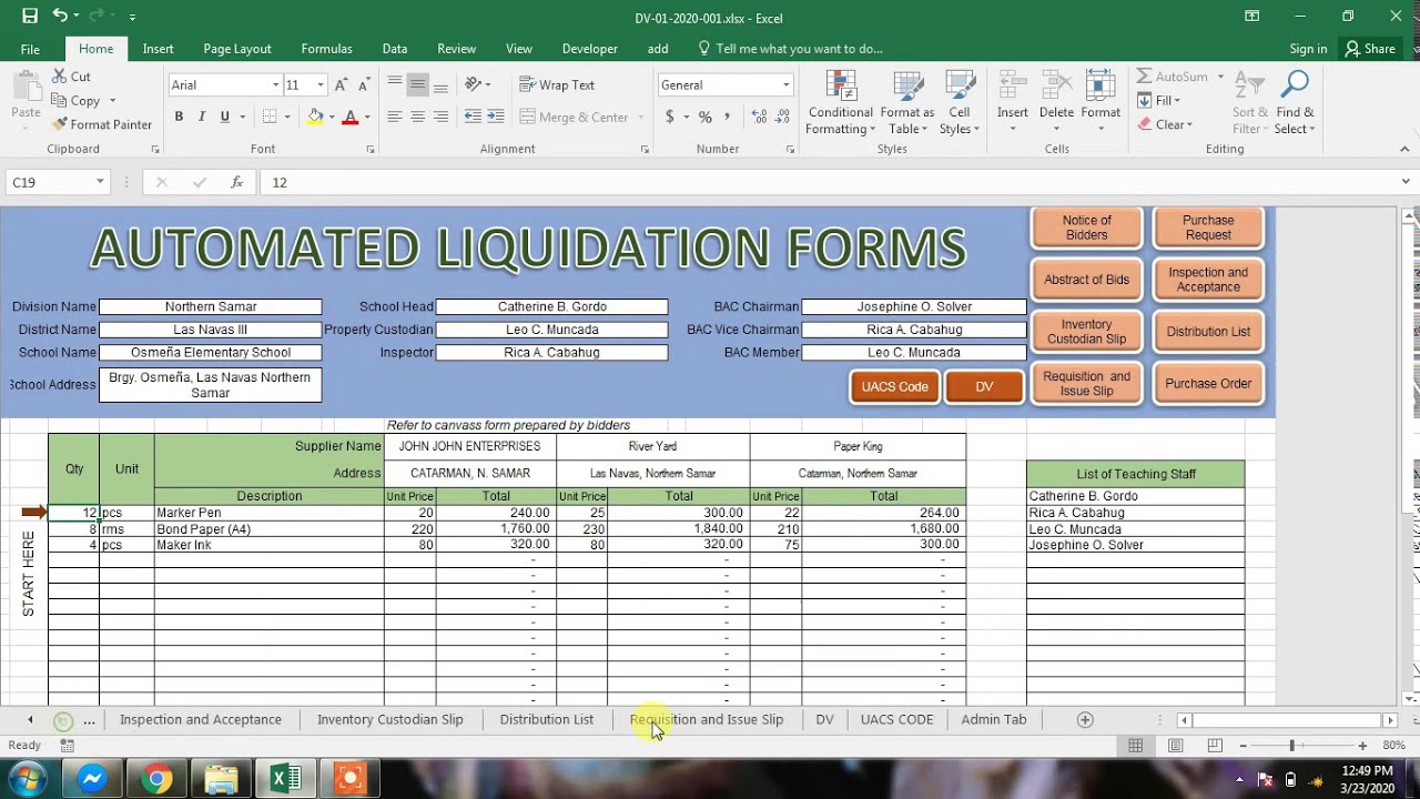 FREE AUTOMATED LIQUIDATION FORMS FOR SCHOOL HEAD