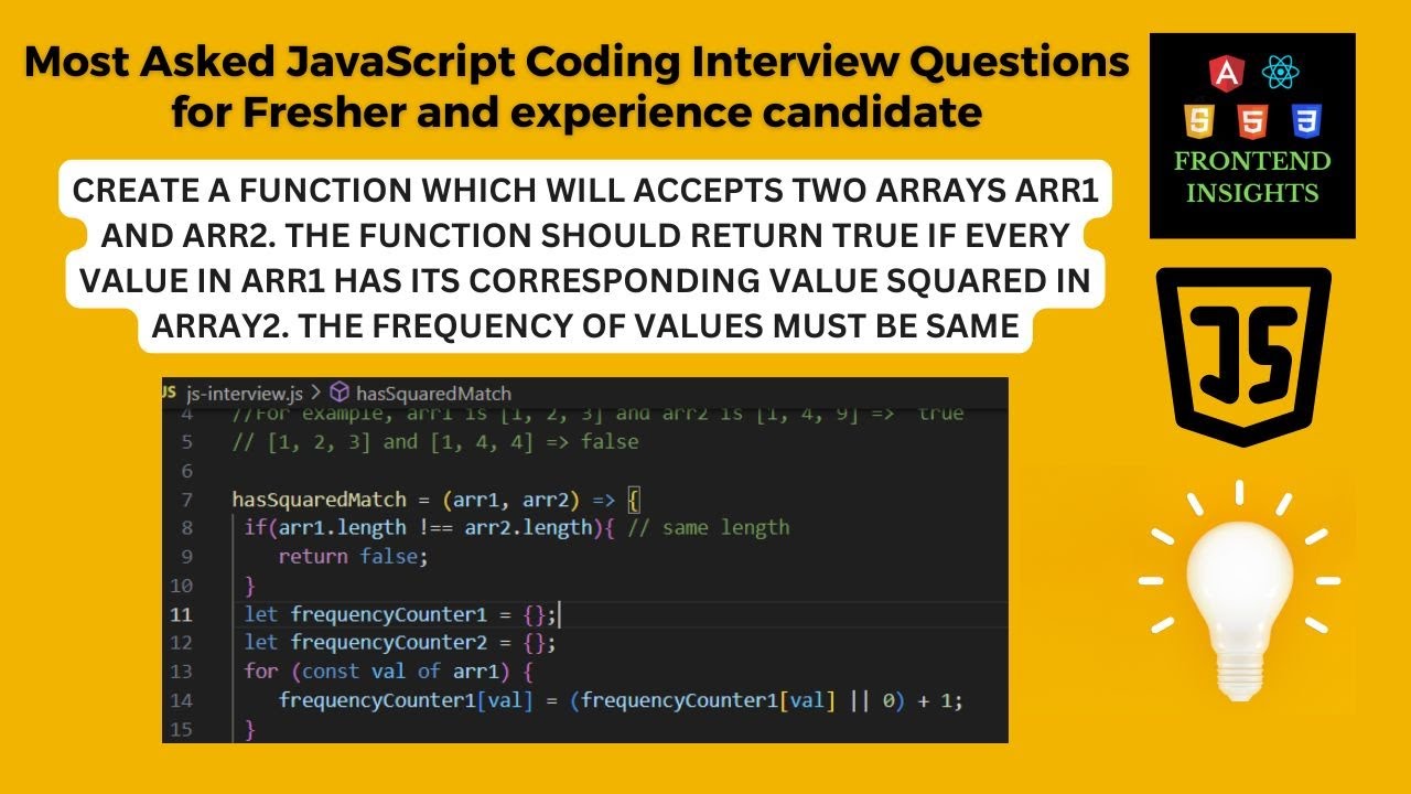 Check if Array Contains Squared Values of Another Array in JavaScript | js coding interview question