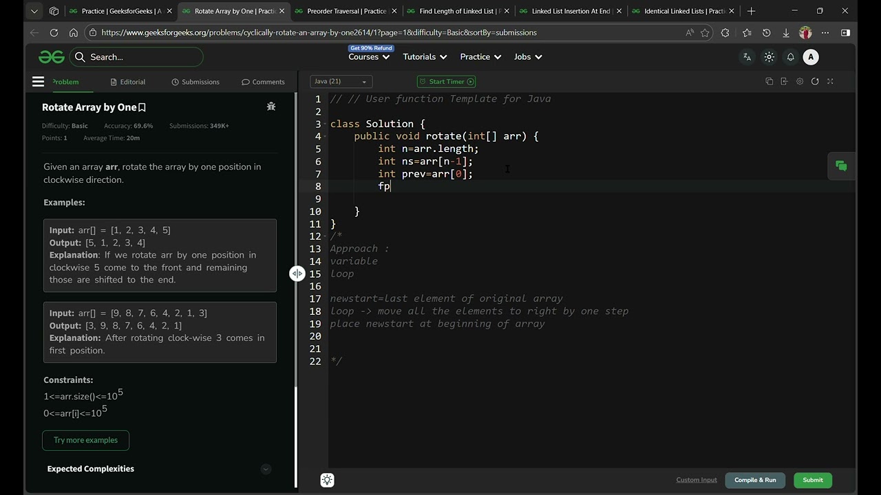 Rotate Array by One - Basic - GeeksforGeeks
