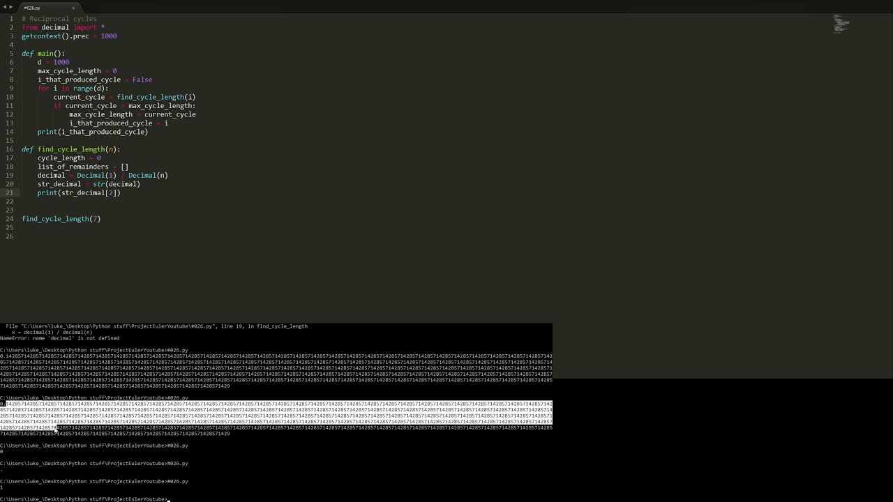 Python Beginner tutorial series using project Euler #26 - Reciprocal cycles