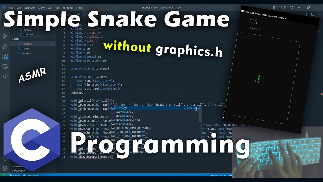 ASMR Coding Snake Game (without graphics.h) in C Basic - No Talking