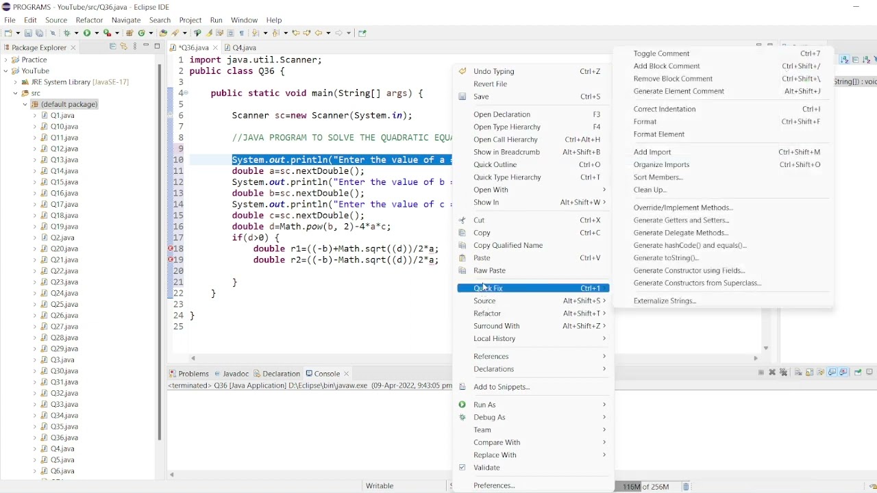 || 36 || Java program to solve Quadratic Equation | Java program to find all roots of Quadratic Equ.