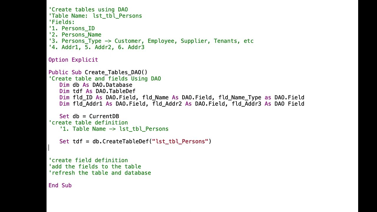 VBA Access - Create Table, Fields [DAO]
