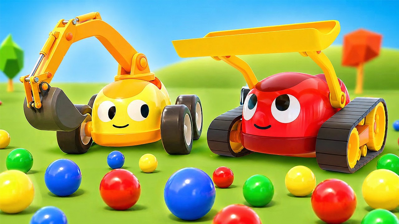 Little racing cars race around a race track with a loop-the-loop and jump into a ball pit.