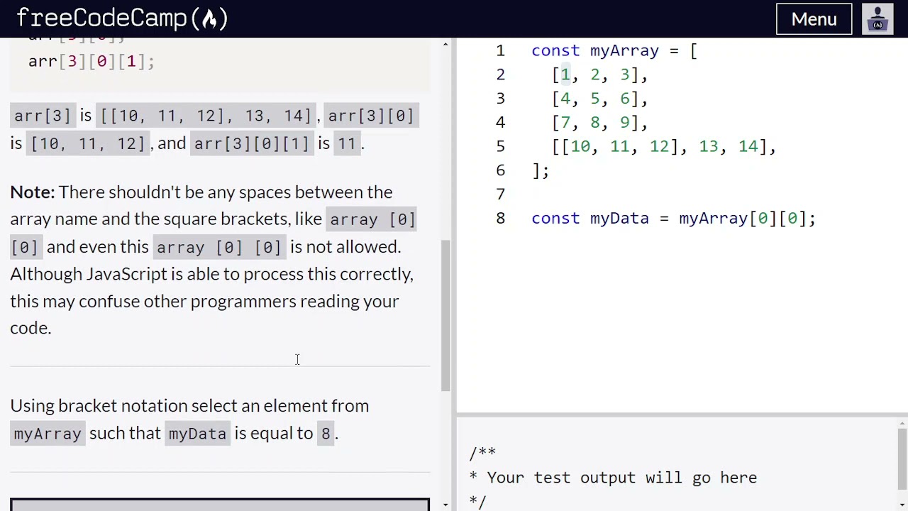 Access multi-dimensional array with indexes - Freecodecamp.org | Video 43 | Basic JavaScript