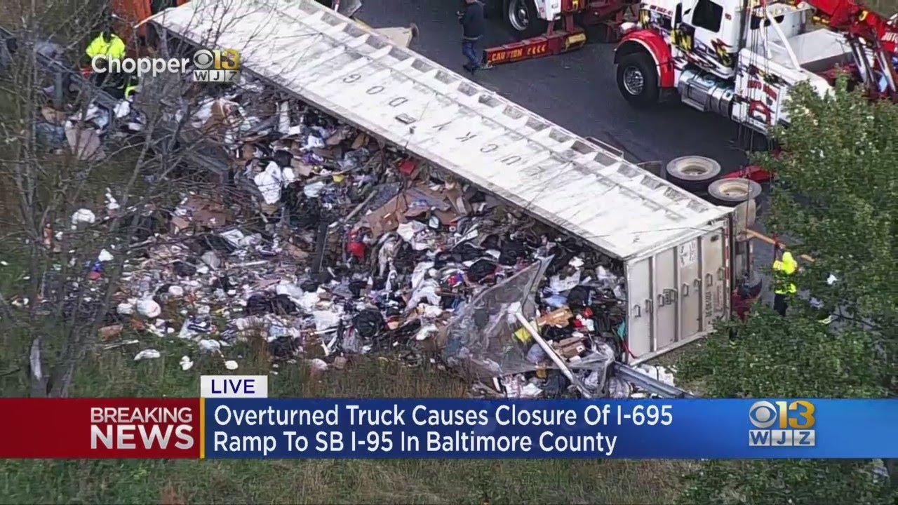 Overturned truck causes closure of I-695 ramp to SB I-95 in Baltimore County
