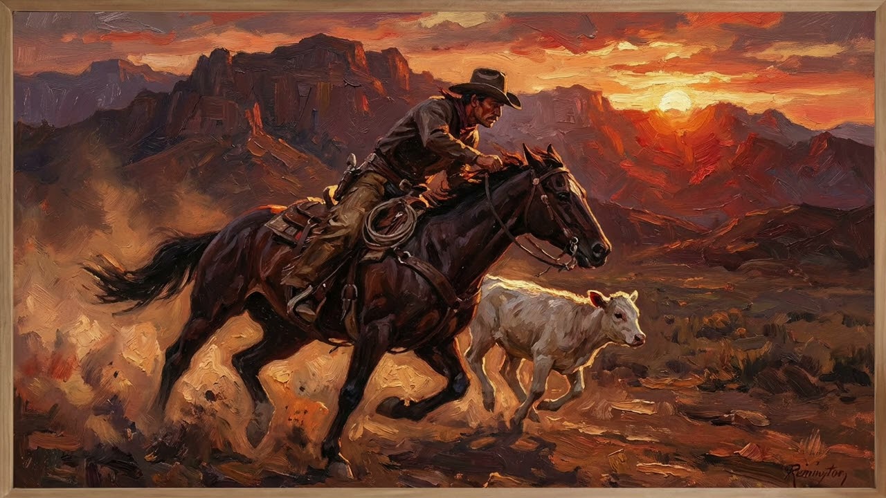 A Cowboy Herding Cattle During Sunset | Framed Oil Painting Art TV Background | Screensaver 2 Hours