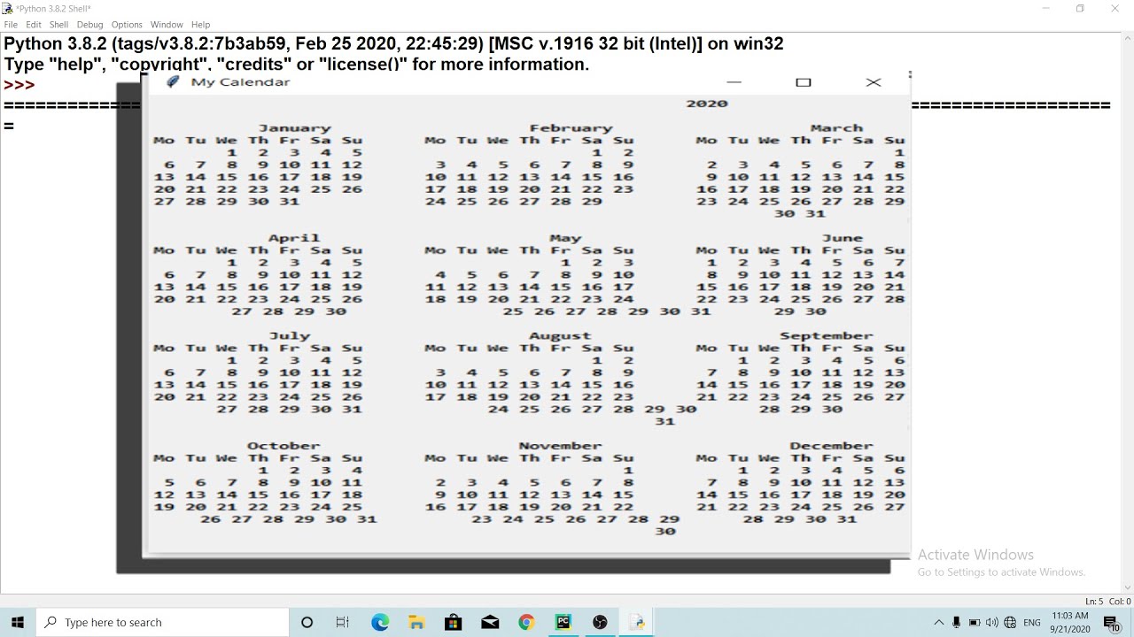 Create Gui Calendar of 2020 upto 2100 years using Python Tkinter.