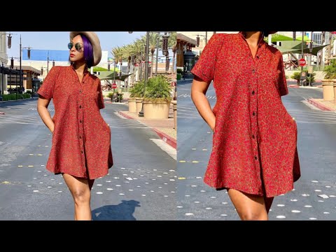 How to cut and sew an A-Line Circle dress with a collar and buttons in front.