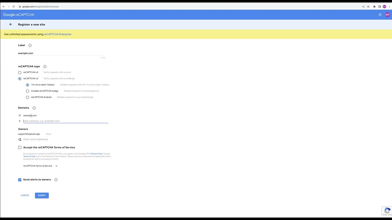 Create Google reCAPTCHA v2 Website Profile