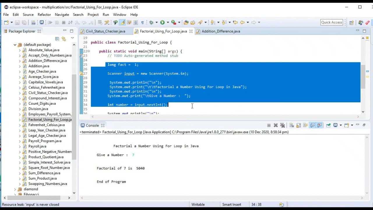 Factorial a Number Using For Loop in Java