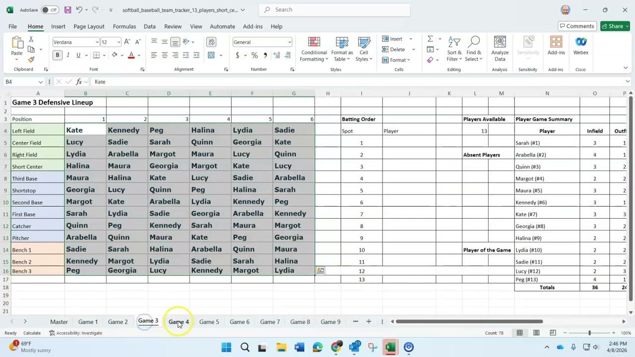Baseball/Softball Line generator and Tracker with Short Center