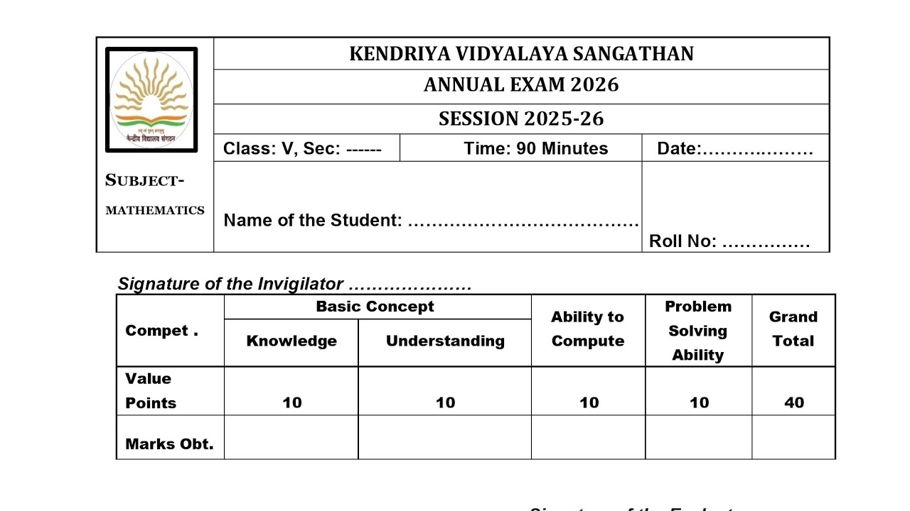Class-5 Maths (Set-3) Annual Exam 2026 Question Paper Session Ending PMSHRI KENDRIYA VIDYALAYA Term2