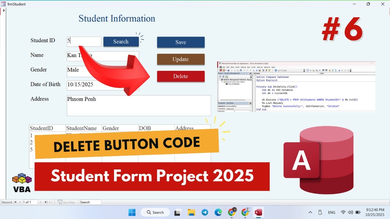 Microsoft Access – Write VBA Code for the Delete Button  Student Form Tutorial No Voice 2025