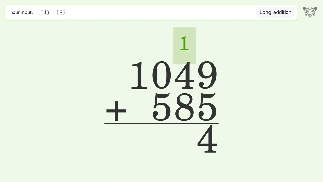 Long addition: Solve 1049+585 step-by-step solution